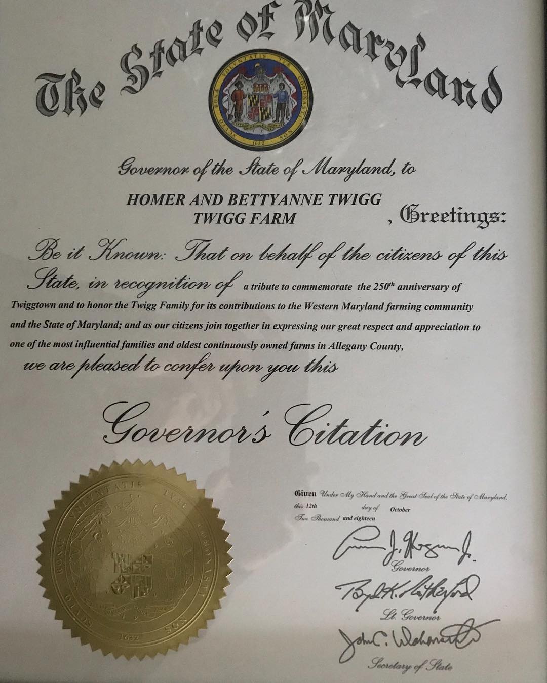 Governor Hogan gave our family a citation for crushing it for the past ...